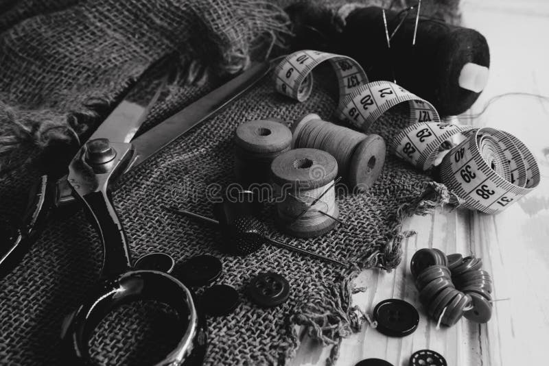 Retro Tools for Cutting and Sewing. Needle with Thread, Thimble, Sewing ...