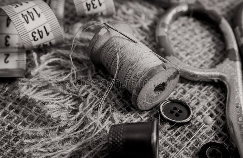 Retro Tools for Cutting and Sewing. Needle with Thread, Thimble, Sewing ...