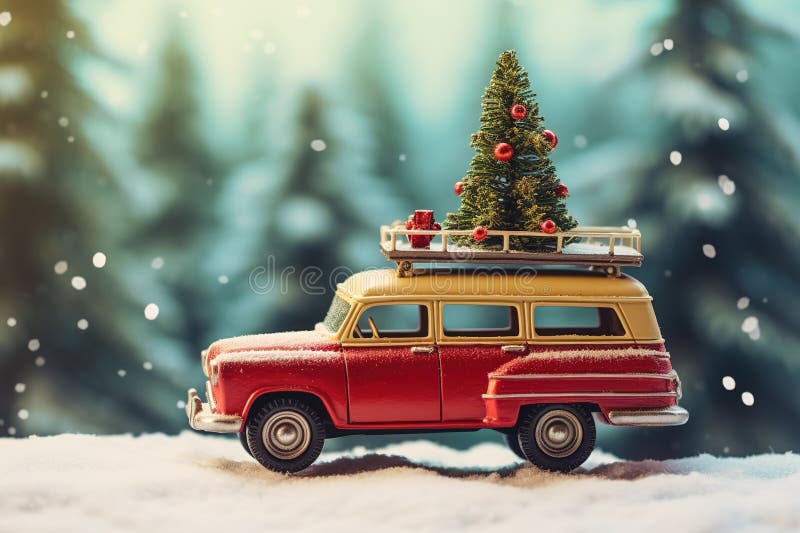 Retro Toy Ca Carrying Christmas Tree on Roof Stock Illustration ...