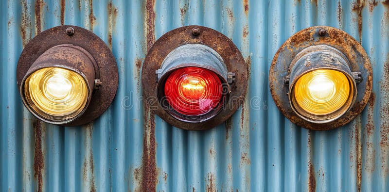 A Retro Traffic Light with Shining Signals Against an Aged Wall Stock ...