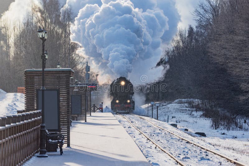 Retro Train Arrives at Winter Morning Stock Photo - Image of europe ...