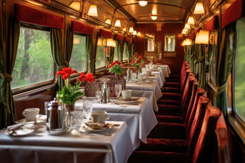 Retro Train Dining Car with Elegant Table Settings Stock Illustration ...