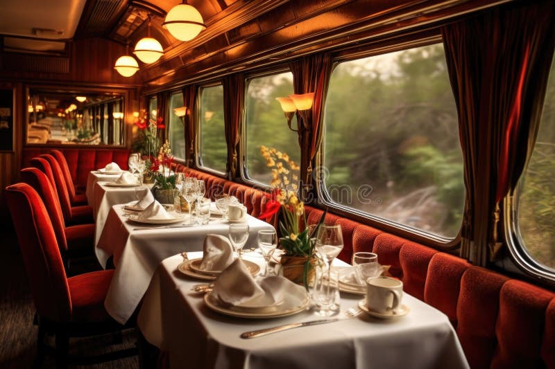 Retro Train Dining Car with Elegant Table Settings Stock Illustration ...