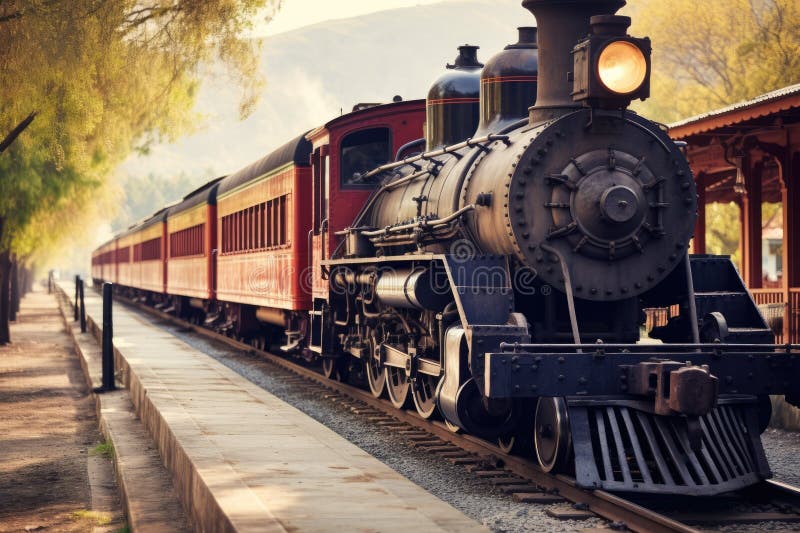 Retro Train Engine in Rustic Railway Station Stock Photo - Image of ...