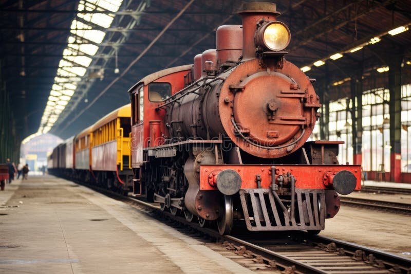 Retro Train Engine in Rustic Railway Station Stock Image - Image of ...
