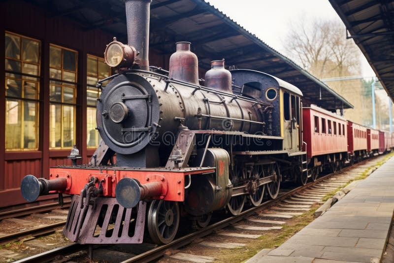 Retro Train Engine in Rustic Railway Station Stock Image - Image of ...
