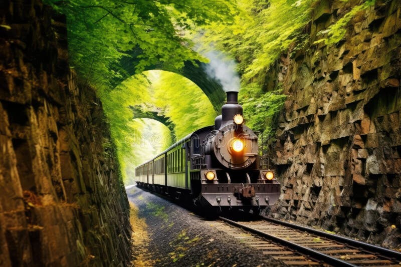 Retro Train Engine on Tracks Running through a Tunnel Stock Image ...