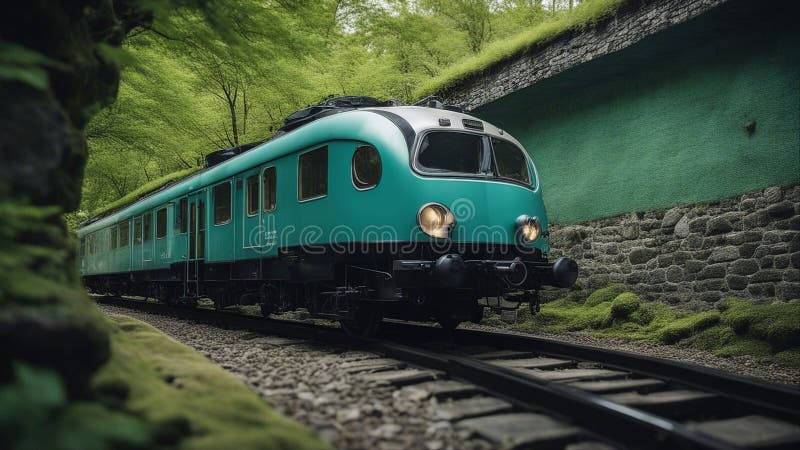 A Retro Train that Has a Unique Style. the Train is Green and Blue, and ...