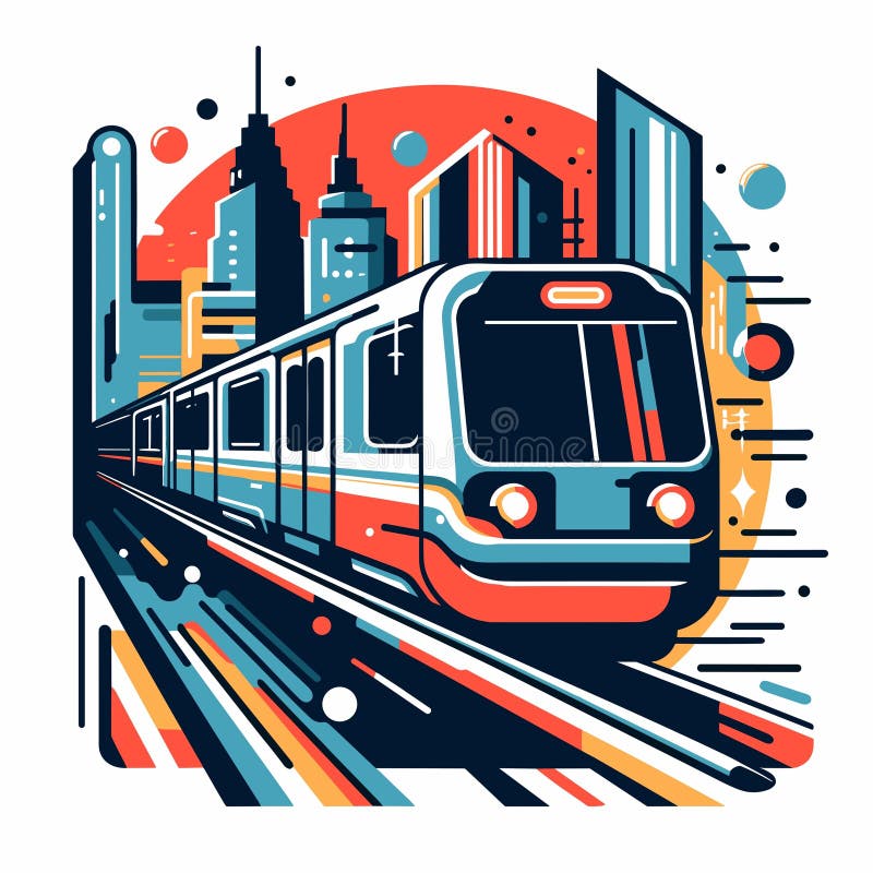 Retro Train Illustration with Cityscape Background Stock Image ...