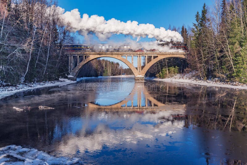 Retro Train Moves Above the River Stock Image - Image of retro, journey ...