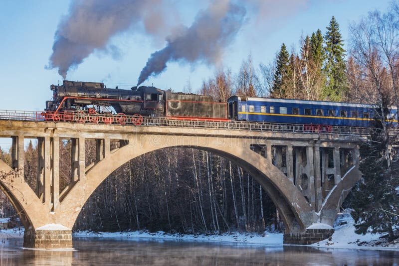 Retro Train Moves Above the River Stock Photo - Image of russian ...