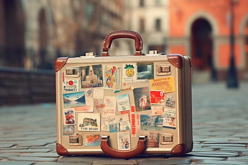 Retro Travel: Vintage Suitcase with Stickers Stock Illustration ...