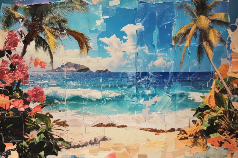 Retro Tropical Beach with Collage Art Abstract Background. Generative ...