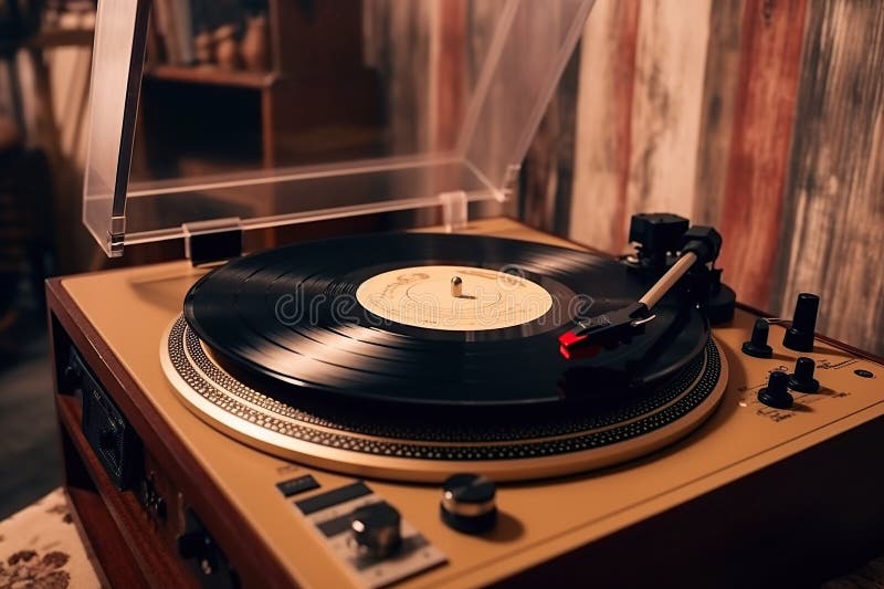 Retro Turntable with Vinyl Record on Wooden Table in Music Studio Stock ...