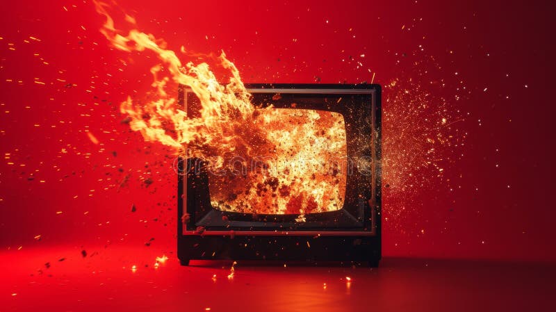 Retro TV Exploding with Fiery Intensity in Red Setting Stock Image ...