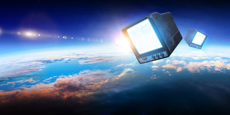 Retro TV Flying in Space . Mixed Media Stock Image - Image of frame ...