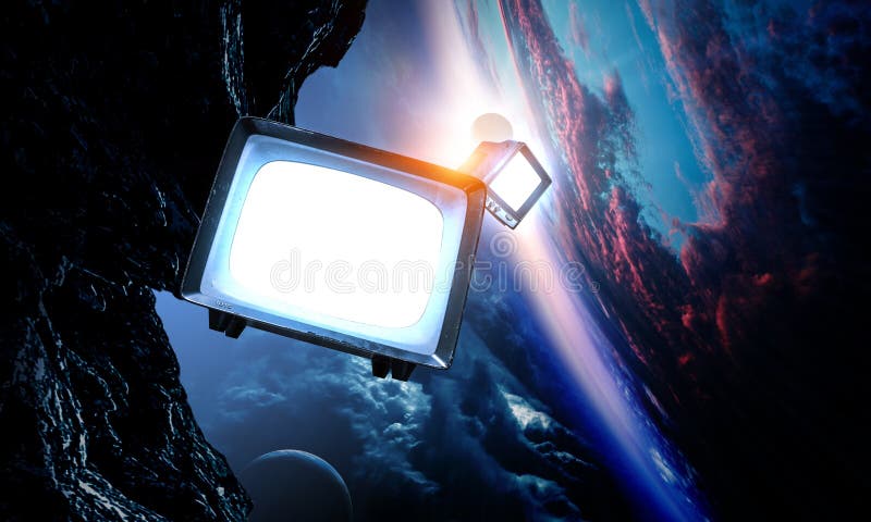 Retro TV flying in space stock illustration. Illustration of analog ...