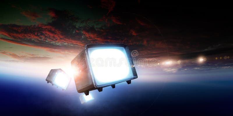 Retro TV flying in space stock image. Image of planet - 174723627