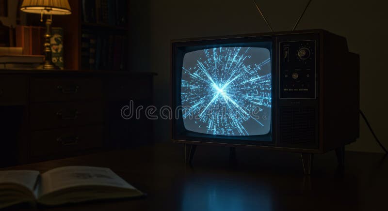 Retro Tv with Futuristic Digital Display in a Dark Room Stock Image ...