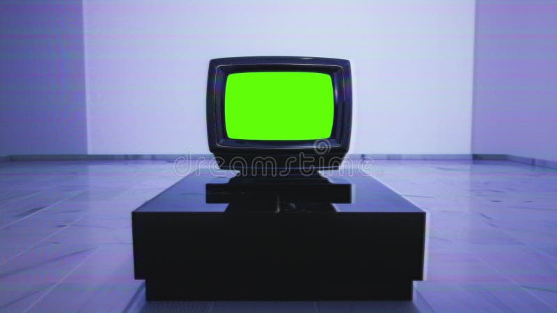 Retro TV with Green Screen in a Dark Room with Blue Ambient Lighting ...