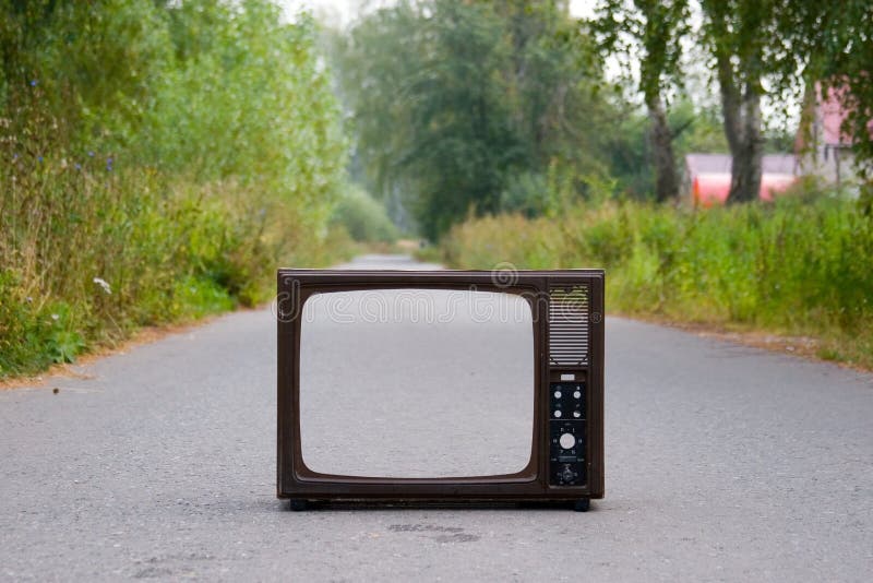 Retro TV on the road stock photo. Image of advertisement - 26414816