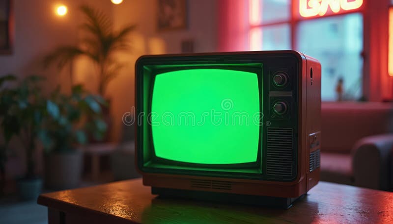 Retro Tv Set with Blank Green Screen. Dated Vintage Tv in Home Interior ...