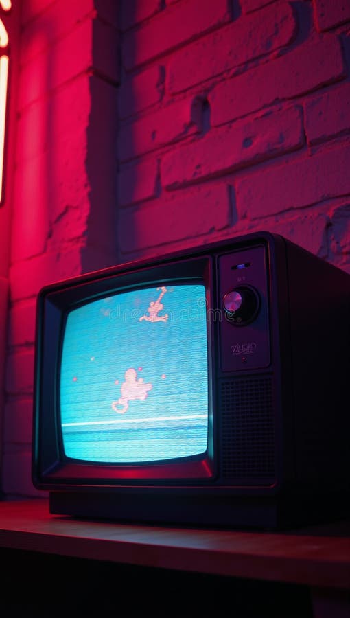 Retro TV Set with Glitching Digital Effects in Neonlit Room Stock ...