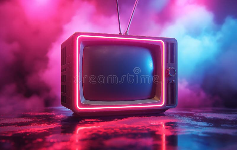 Retro TV Under Neon Lights, Bathed in a Pink and Blue Gradient Stock ...