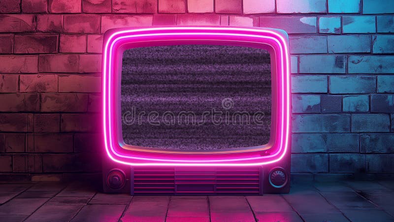 Retro TV Under Neon Lights, Bathed in a Pink and Blue Gradient with ...