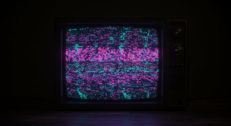 Retro Tv with Vibrant Vaporwave Glitch Effect on Screen in Dark Room ...