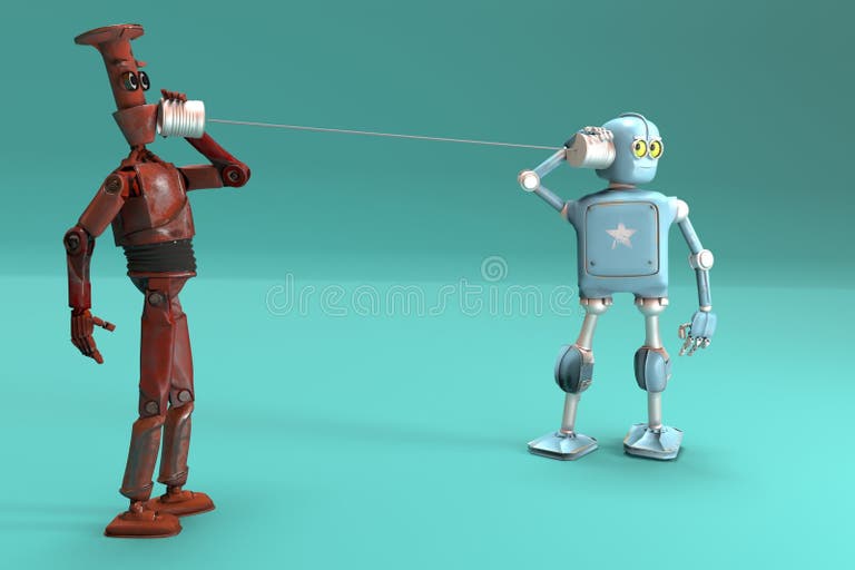 Retro Two Robots Talking on Tin Can Phones. 3d Render Stock ...