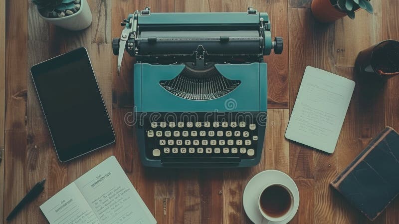 Retro Typewriter and Modern Gadgets on a Wooden Table: a Top-down ...