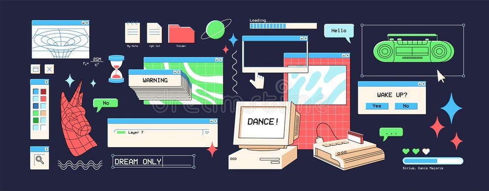 Retro UI Elements Set. Items of User Interface of Vaporwave Style. Design of Frames, Digital ...