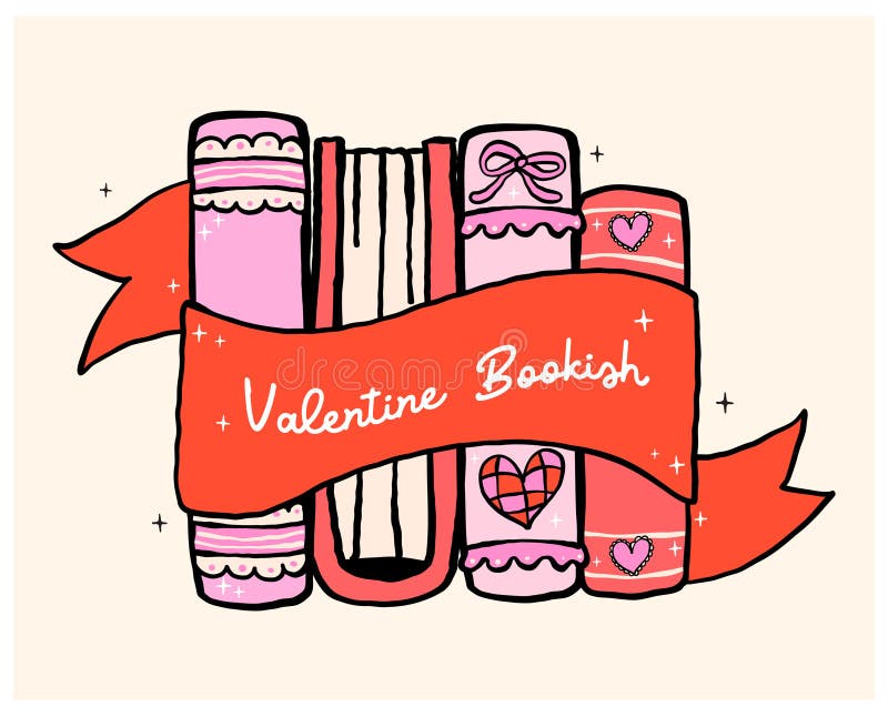 Retro Valentine Bookish Book Stack with Banner Whimsical Bold Lined ...