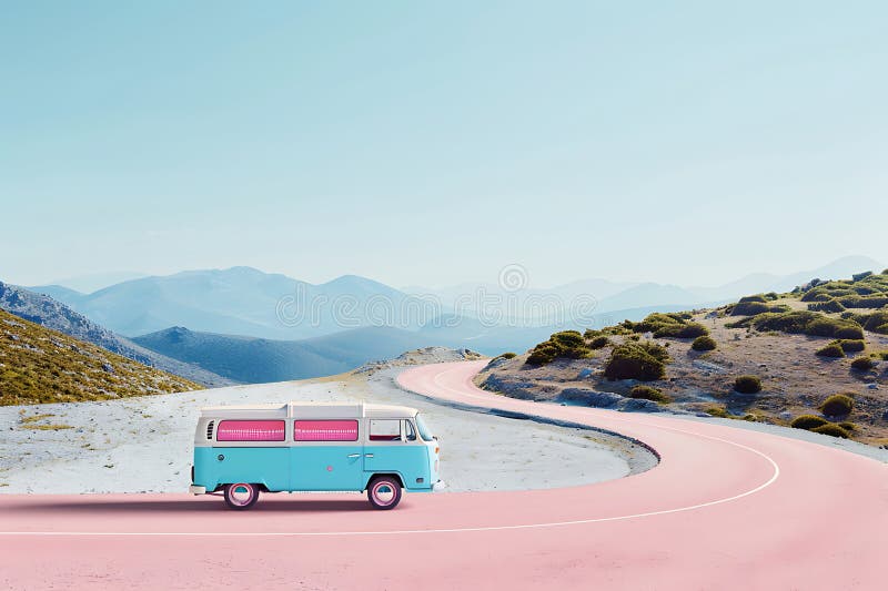 Retro Van on Pink Road through Mountains Stock Illustration ...