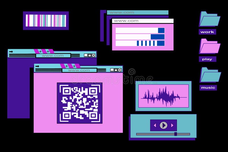 Retro Vaporwave Desktop with Message Boxes, Qr Code and User Interface ...