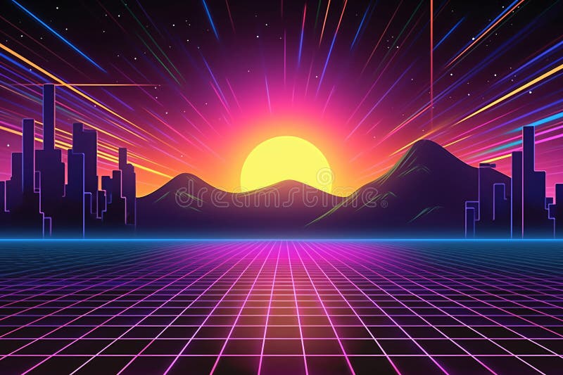 Retro Vaporwave Landscape Background: Sunset Over Mountains and Palm ...