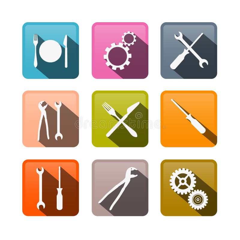 Retro Vector Buttons: Cogs, Gears, Screwdriver, Pincers, Spanner, Hand ...