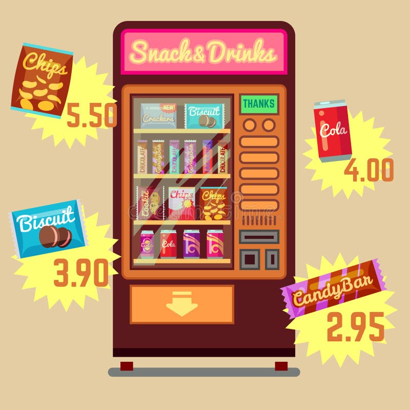 Retro Vector Vending Machine with Snacks and Drinks Flat Icons Stock ...