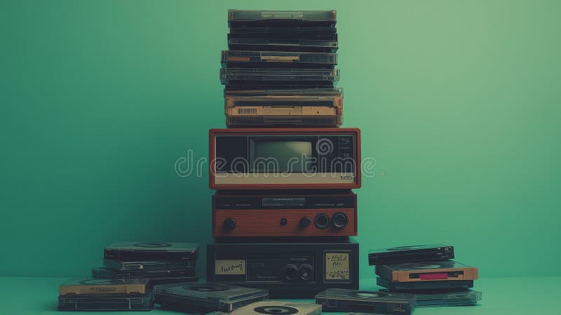 Stacked Vintage VHS Player and Cassette Tapes Stock Illustration ...