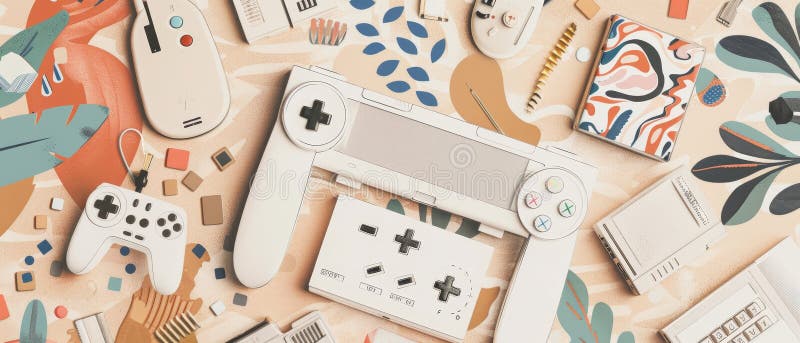 A Retro Video Game Console, Computer, Floppy Disc Set with Dotted ...