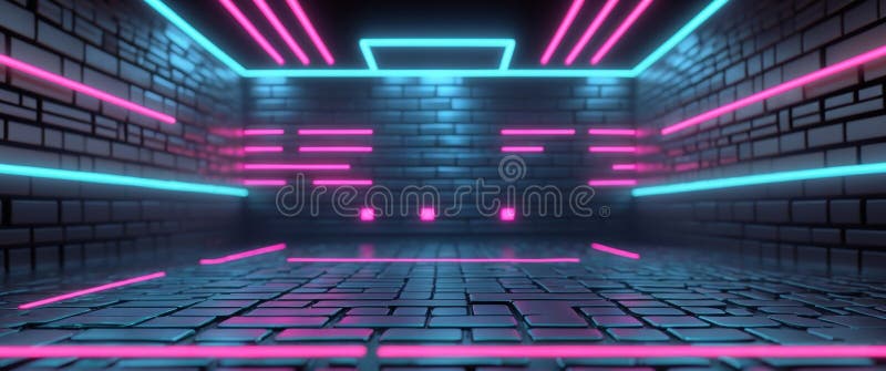 Retro Video Game Pixel Art Brick Wall Background with Neon Lighting ...