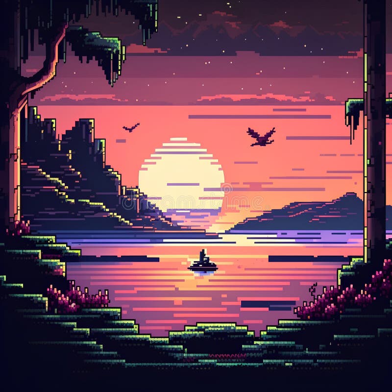 Retro Video Game Pixelated Landscape with Mountains, River and Sunset ...