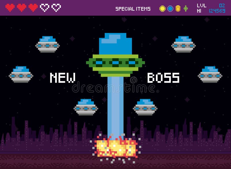 Retro Video Game Space Pixelated Scene Stock Vector - Illustration of ...