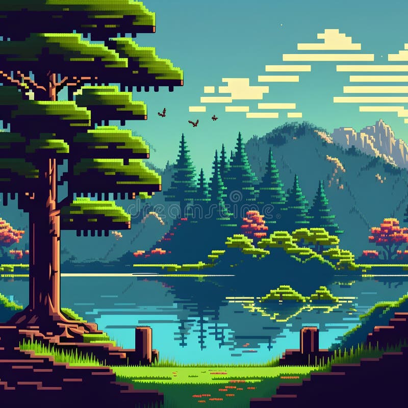 Retro Videogame Landscape with Trees and Lake, Vector Illustration ...