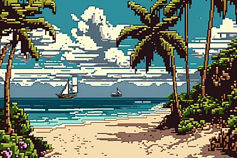 Retro Videogame Pixel Scene with Palm Trees and Sailboat. Stock ...