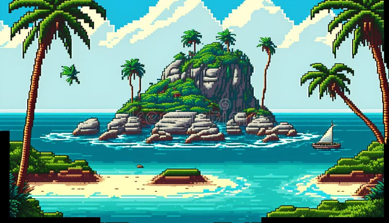 Retro Videogame Pixelated Island with Palm Trees and Sea. Stock ...