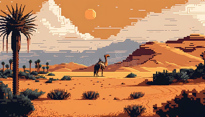 Retro Videogame Pixelated Landscape with Camels and Mountains. Stock ...