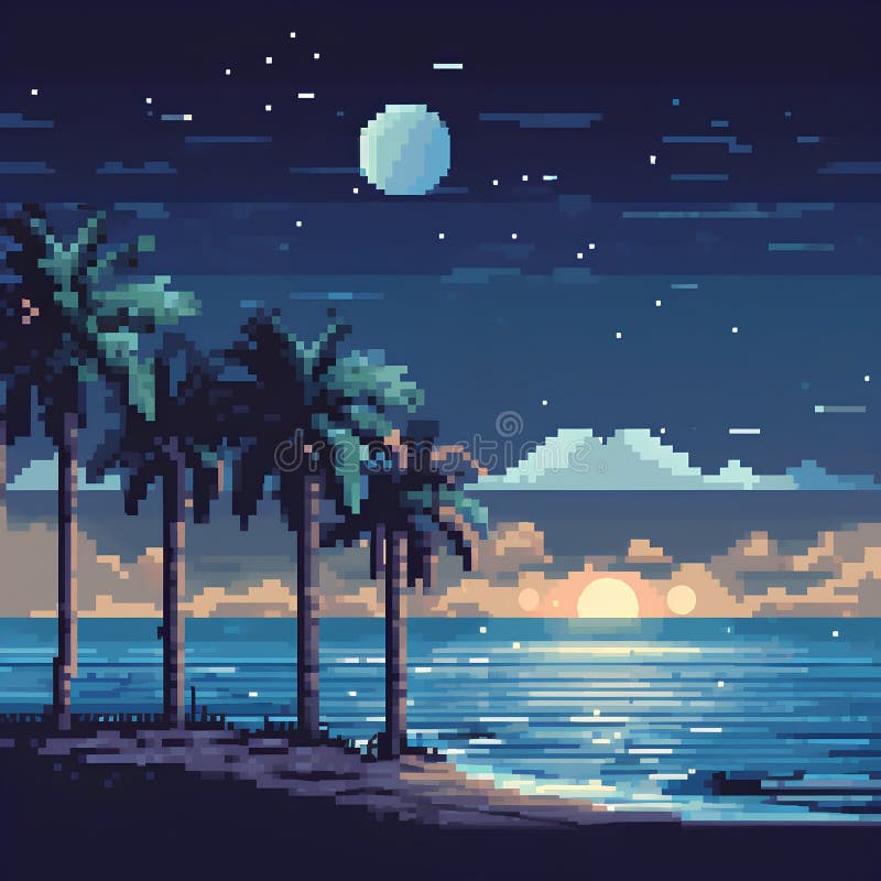 Retro Videogame Pixelated Scene with Palm Trees and Sea. Stock ...