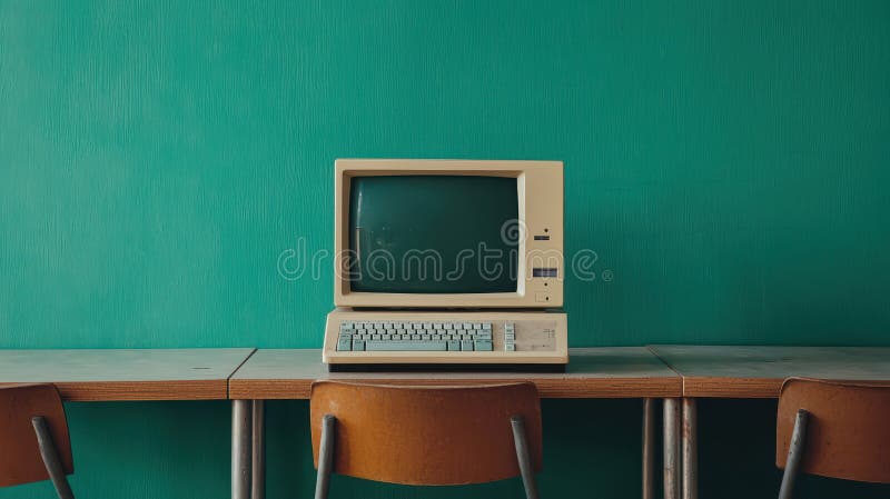 Retro Vintage Computer Empty Classroom Teal Wall Nostalgia Stock ...
